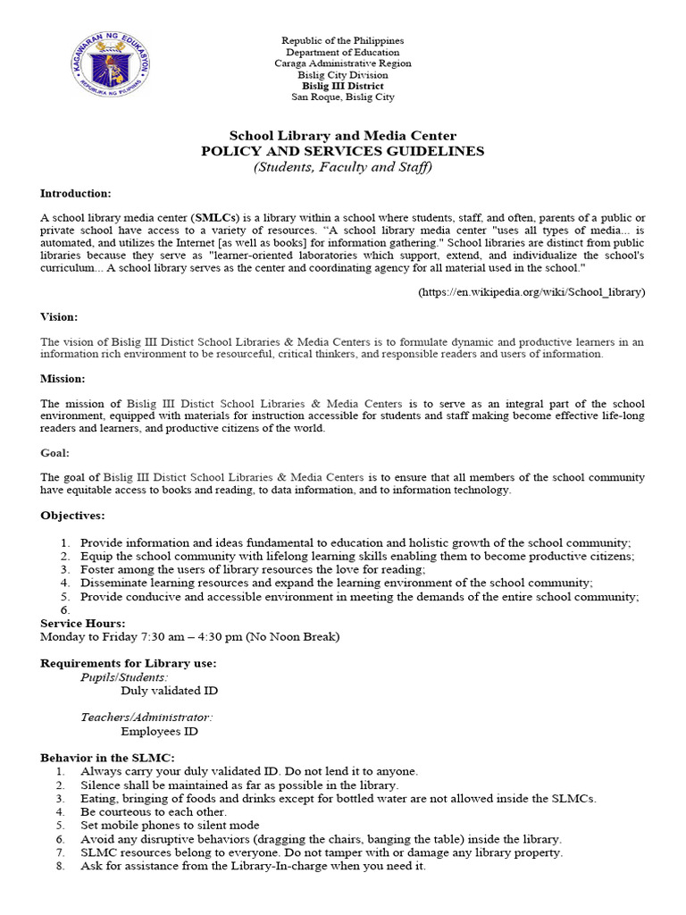 BISLIG III Policy Guidelines | PDF | School Library | Libraries