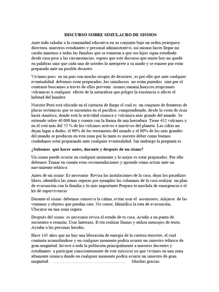DISCURSO SOBRE SIMULACRO DE SISMOS | PDF DISCURSO SOBRE SIMULACRO DE SISMOS | PDF