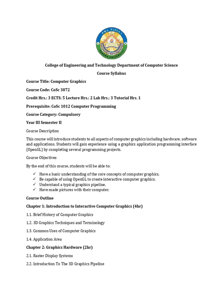 computer Graphics_course outline | PDF | Computer Graphics | 3 D Computer Graphics