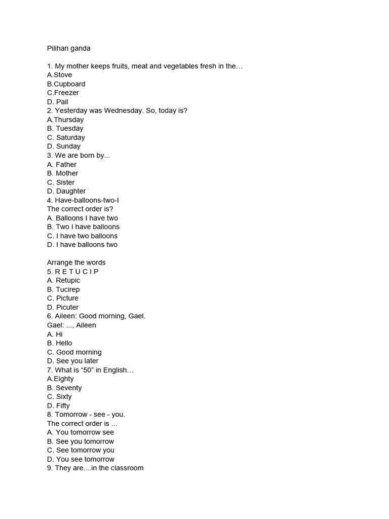 Multiple Choice Questions for Kids | PDF