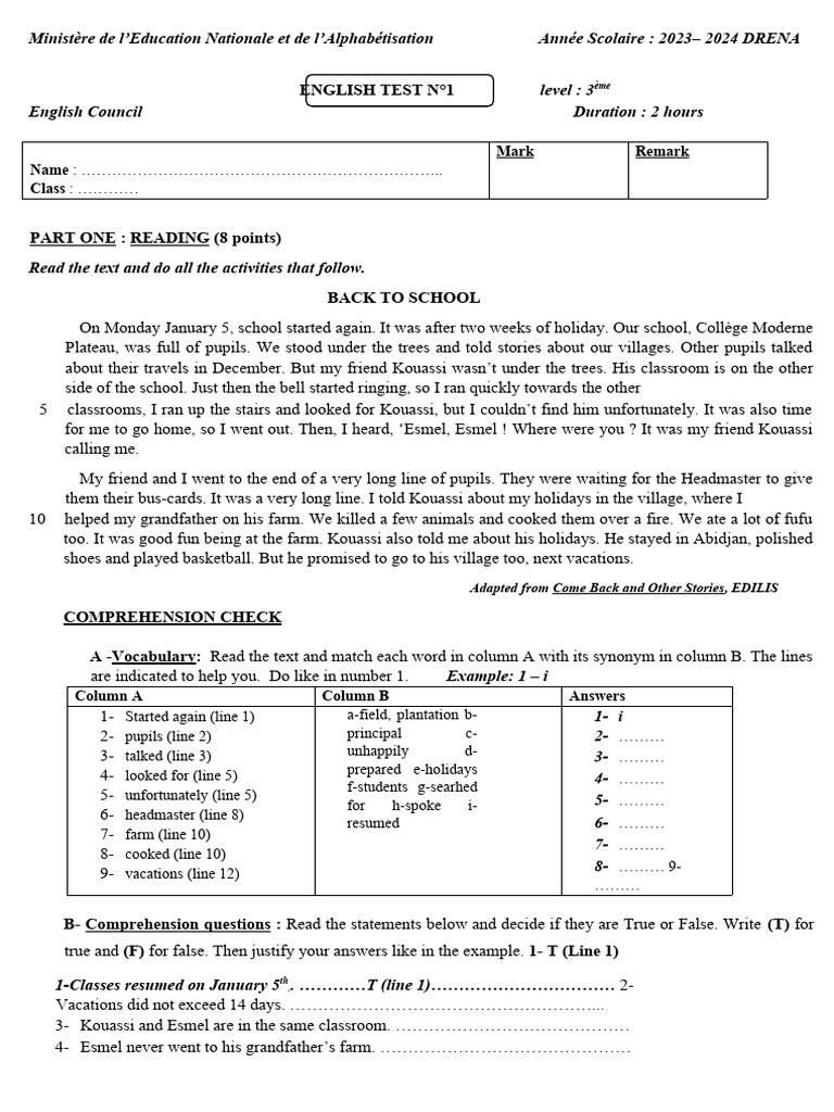 Devoir 3e Unit 1 Word | PDF