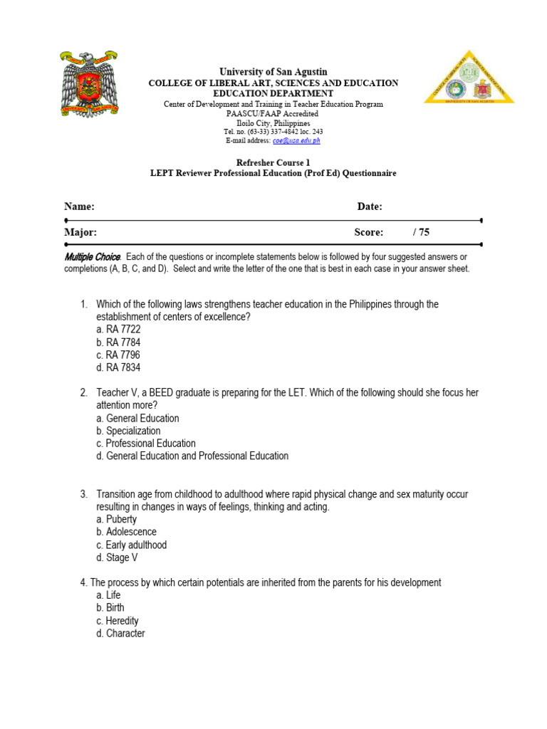 Prof Ed Lept Exam | PDF