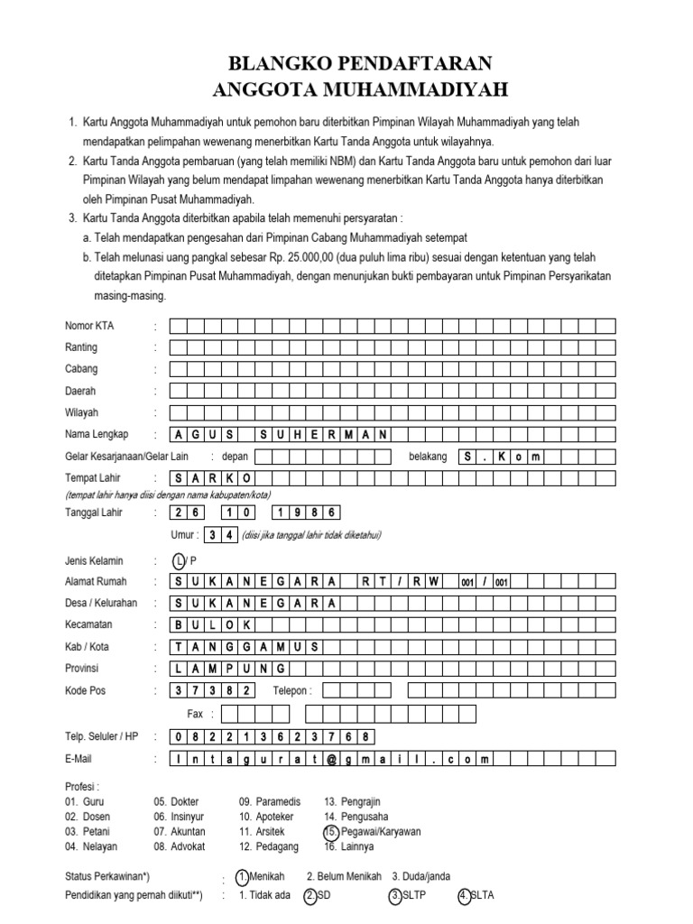 Blangko Pendaftaran Anggota Muhammadiyah | PDF