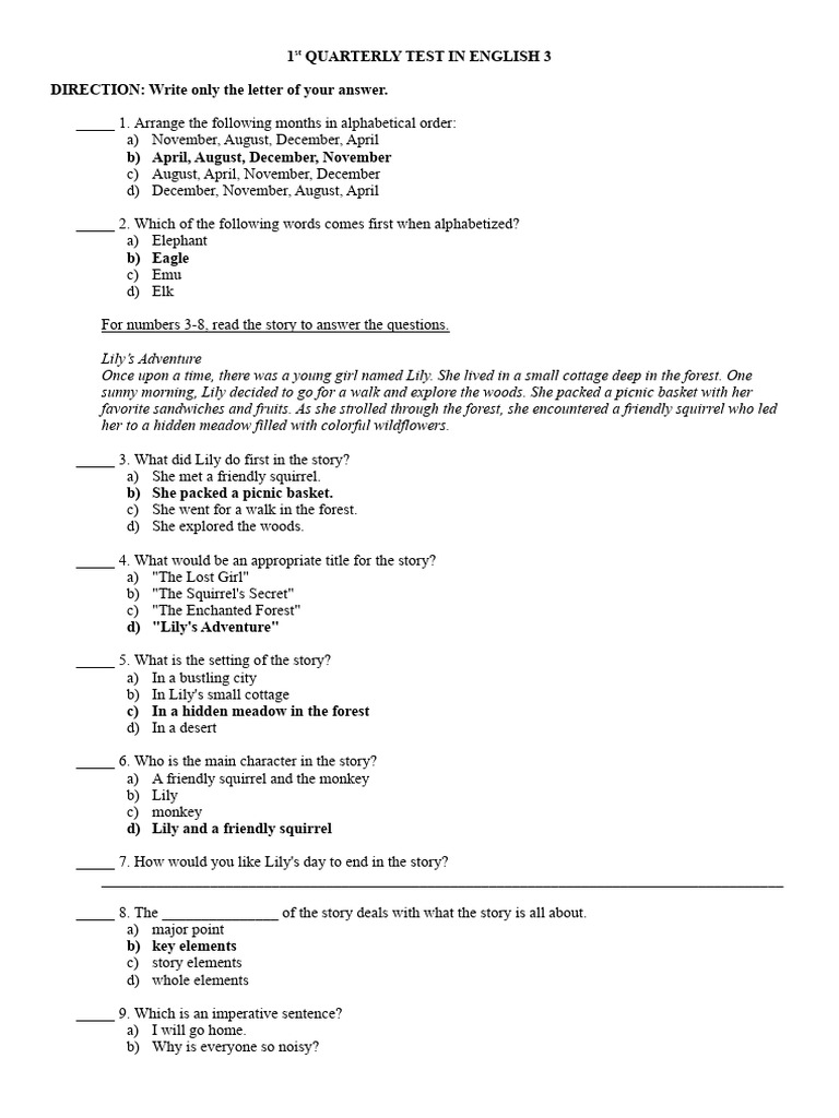 1st QUARTERLY TEST IN ENGLISH 3 | PDF
