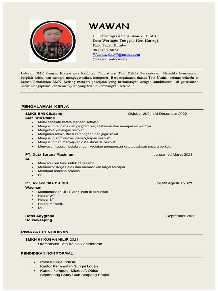 Contoh CV Untuk Lamaran Pekerjaan. | PDF