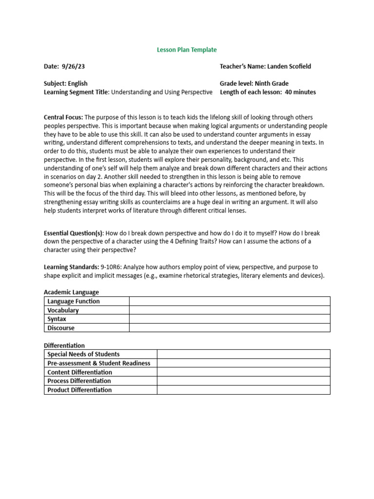 Ninth Grade Perspective Lesson Plan | PDF | Communication | Cognitive ...