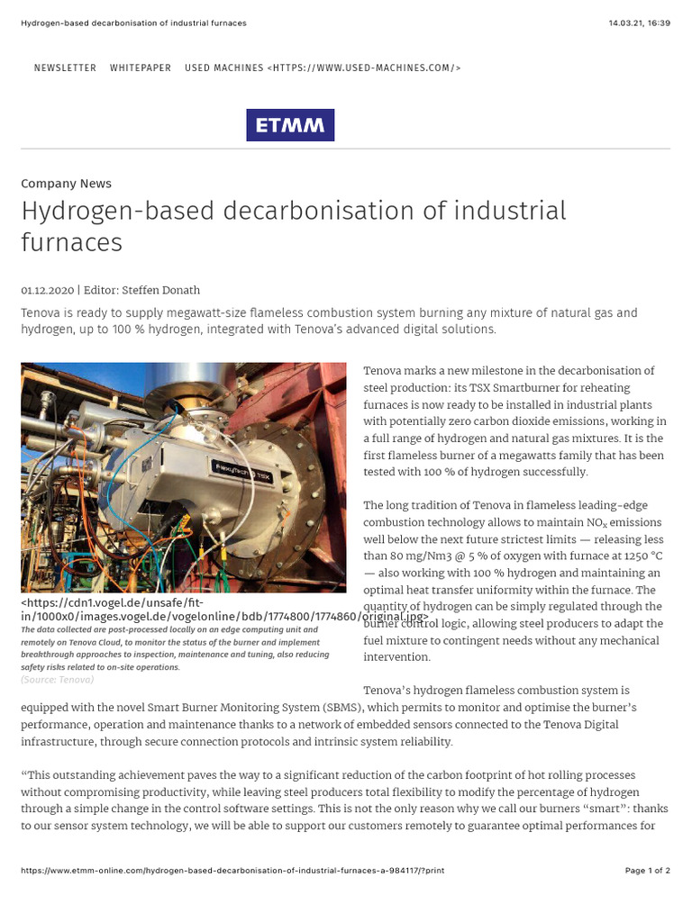 Hydrogen-Based Decarbonisation of Industrial Furnaces | PDF | Climate ...