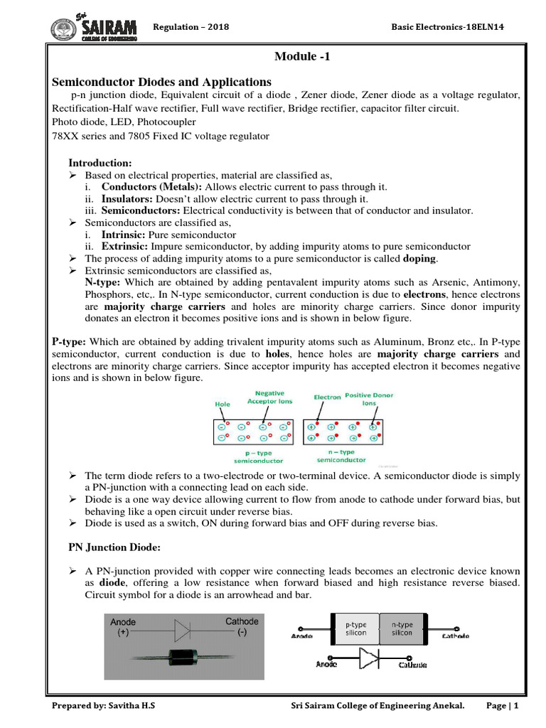 Module - 1 Semiconductor Diodes and Applications: Regulation - 2018 ...