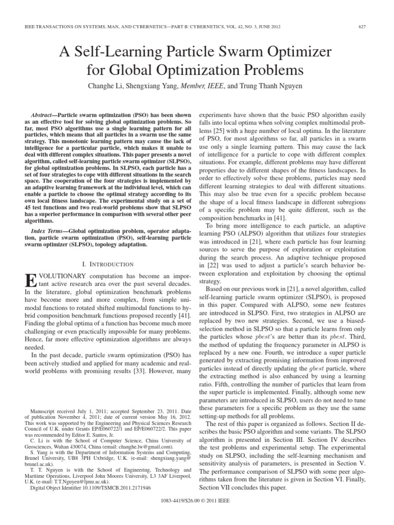A Self Learning Particle Swarm Optimizer For Global Optimization Problems 1 Kopya Pdf