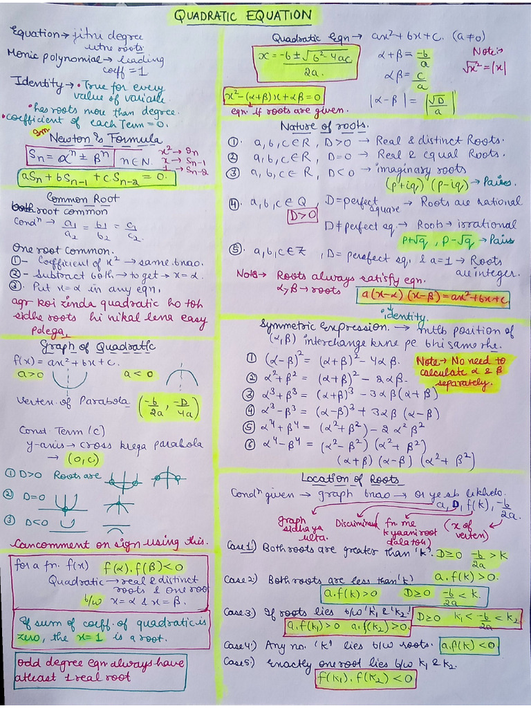 Quadratic Equations Short Notes | PDF