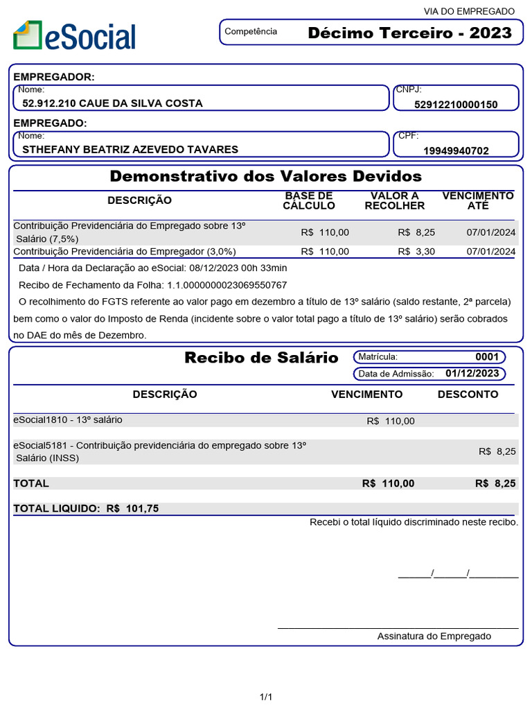 Esocial - Demonstrativo - Recibo - Décimo Terceiro - 2023 | PDF ...