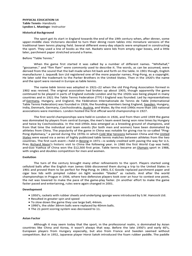 PHYSICAL-EDUCATION - Table Tennis-Handouts | PDF