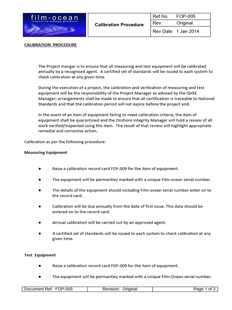 FO Procedure 005 Calibration and Test Equipmenty | PDF | Calibration