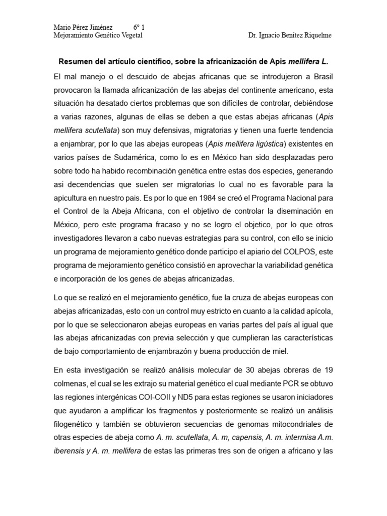 Resumen A1, Valoración Del Origen Africanizado en La Integración de Una Población Experimental ...
