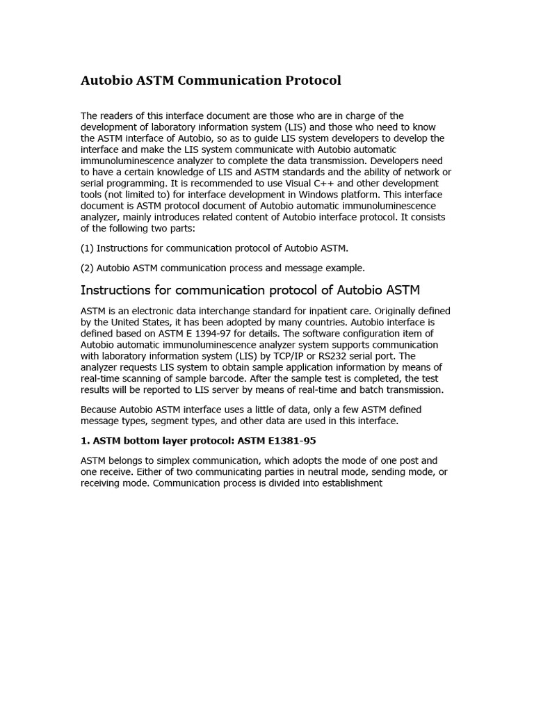 Autobio ASTM Communication Protocol | PDF | Communication | Port (Computer Networking)
