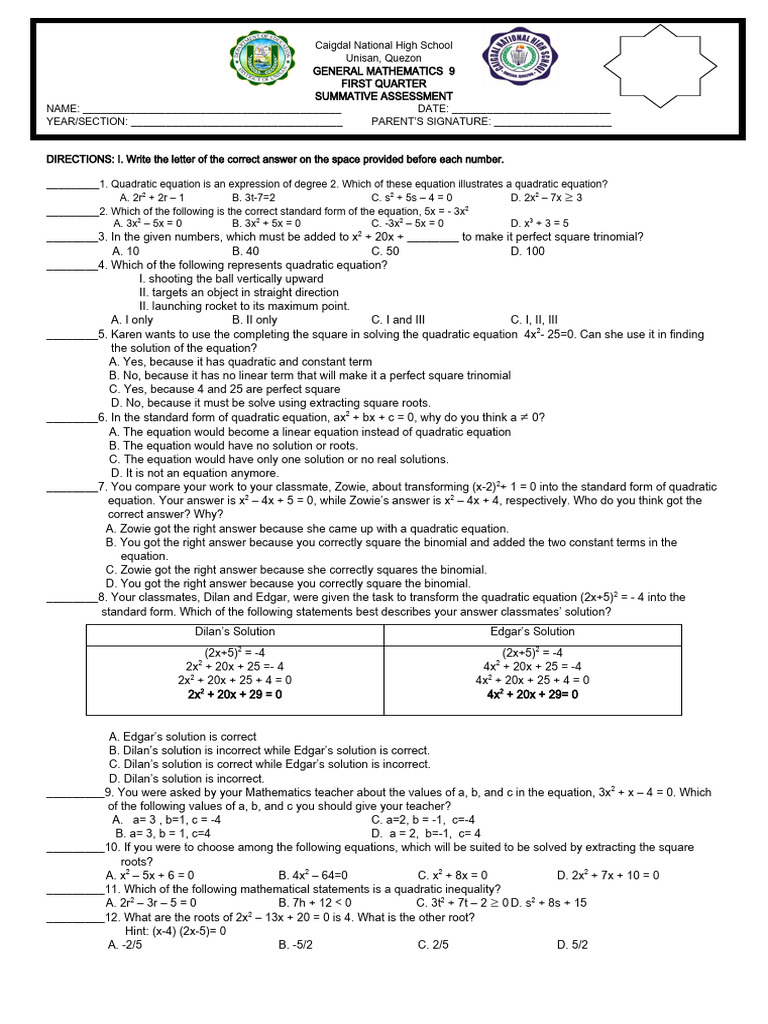 1st Quarterly Assessment Math 9 | PDF | Quadratic Equation | Equations