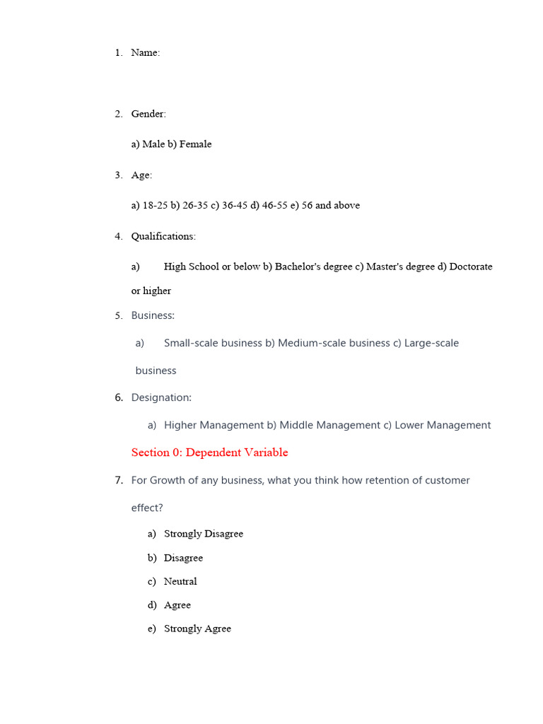 Questionnaire For Thesis | PDF | Academic Degree | Sales