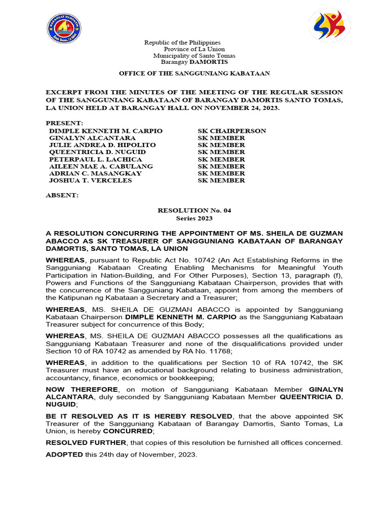 SK Treasurer Appointment Resolution | PDF | Youth | Youth Organizations