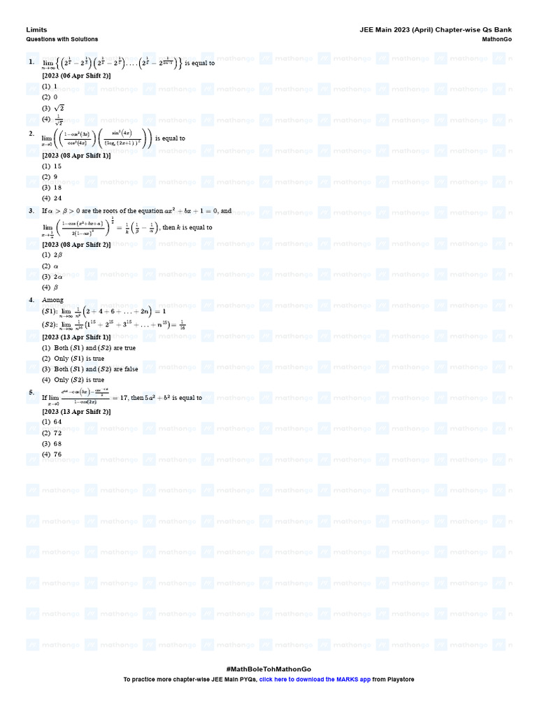 Limits - JEE Main 2023 April Chapterwise PYQ - MathonGo | PDF ...