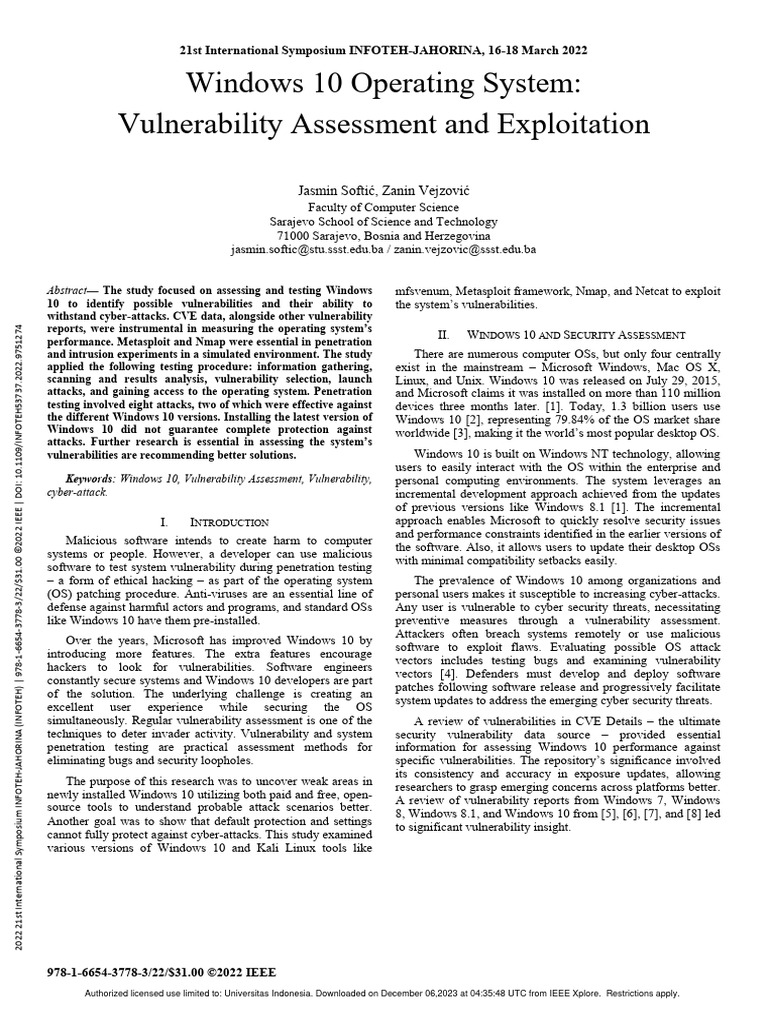 Windows 10 Operating System Vulnerability Assessment and Exploitation ...