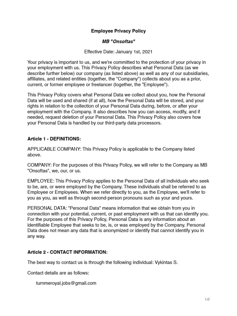 Employee Privacy Policy - MB Onsoftas | PDF | Privacy | Privacy Policy