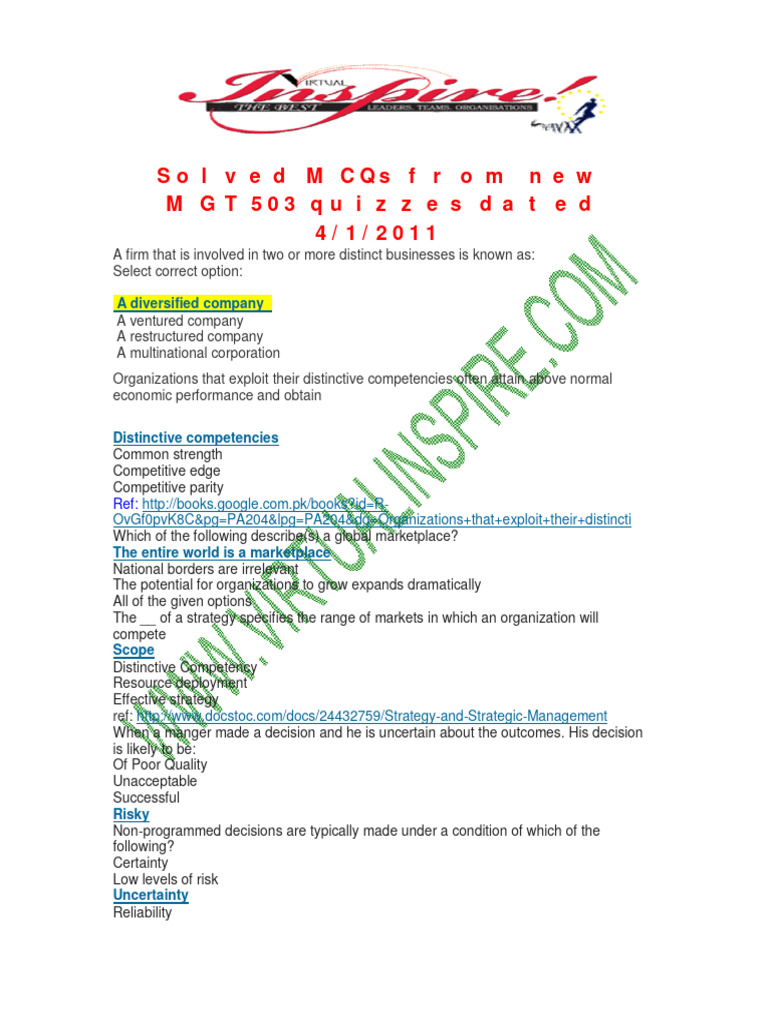 MGT503 Solved MCQs From New Quizzes | PDF | Decision Making | Swot Analysis