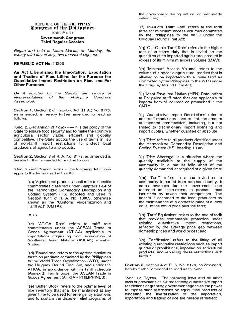 Ra 11203 | PDF | Tariff | World Trade Organization