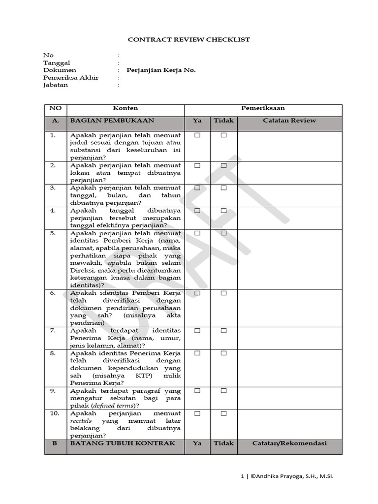 Contract Review Checklist-Perjanjian Kerja | PDF