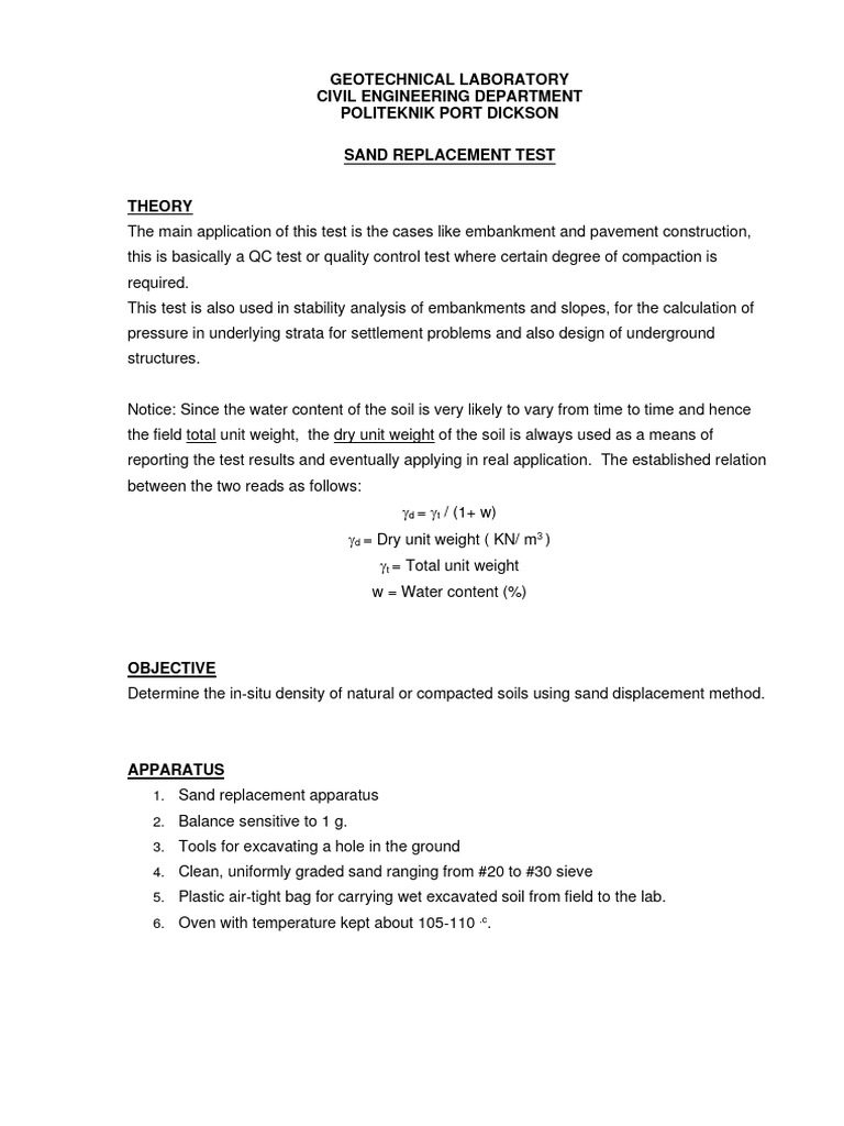 Sand Replacement Test | PDF | Density | Soil