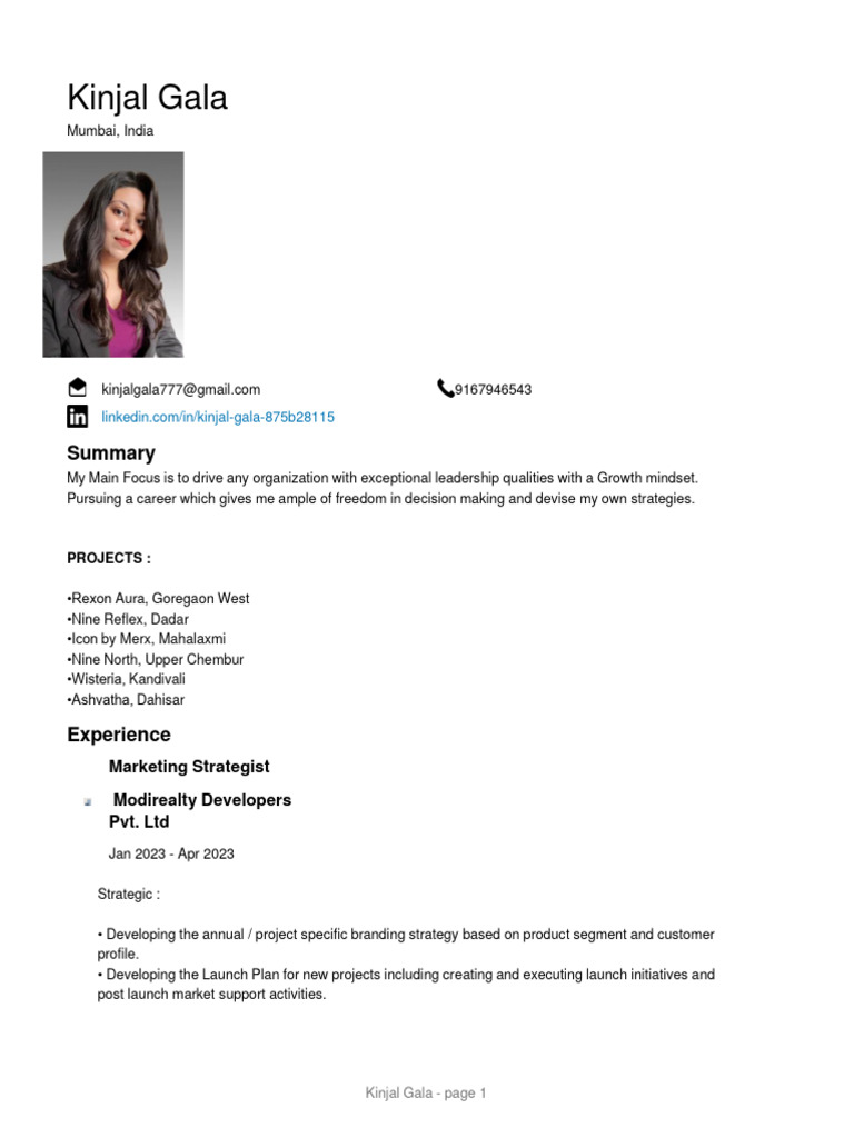 Kinjal Gala's Resume | PDF | Brand | Marketing