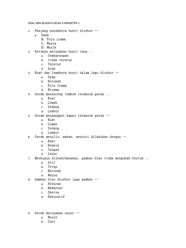 Soal Seni Budaya Kelas 3 Semseter 1 | PDF