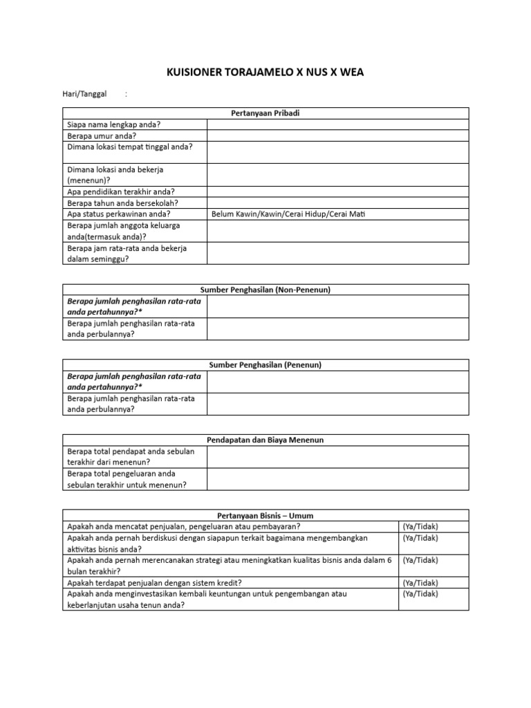 Kuisioner Torajamelo X Nus X Wea | PDF