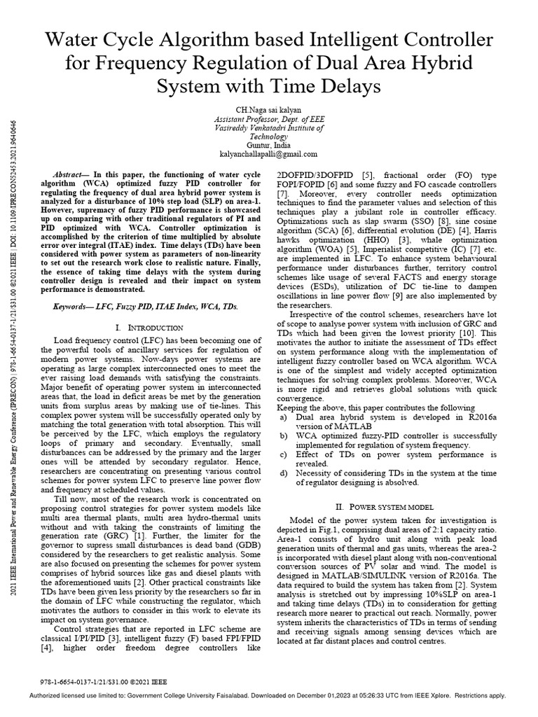 Water Cycle Algorithm Based Intelligent Controller For Frequency