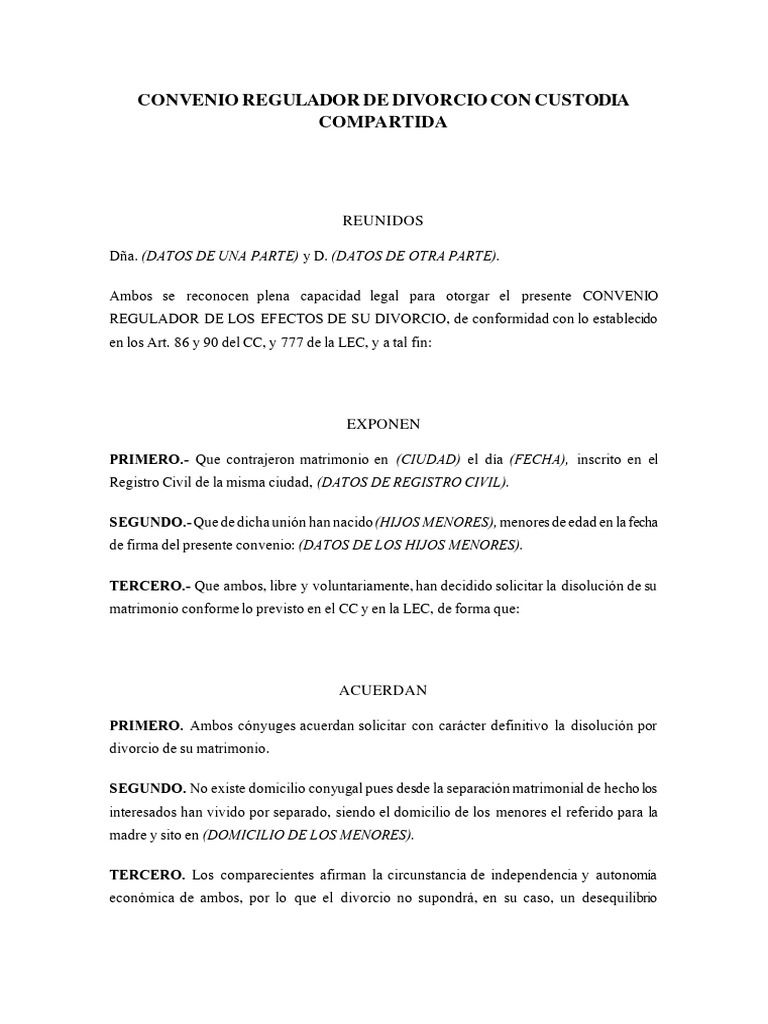 Convenio Regulador de Divorcio Con Custodia Compartida | PDF