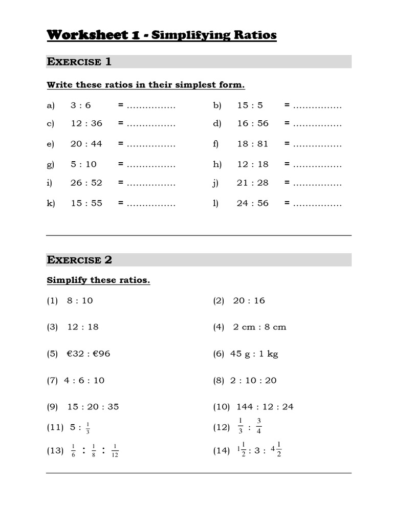 Simplifying and Comparing Ratios Worksheets | PDF | Ratio | Triangle