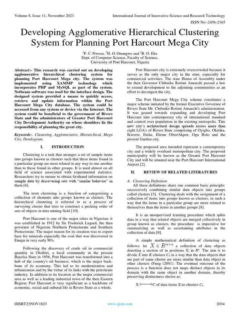 Developing Agglomerative Hierarchical Clustering System For Planning Port Harcourt Mega City | PDF