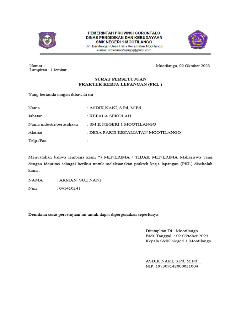 Surat Persetujuan PKL SMK 5 | PDF