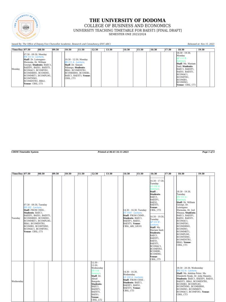 UDOM BAEST1 Timetable 2023/2024 | PDF