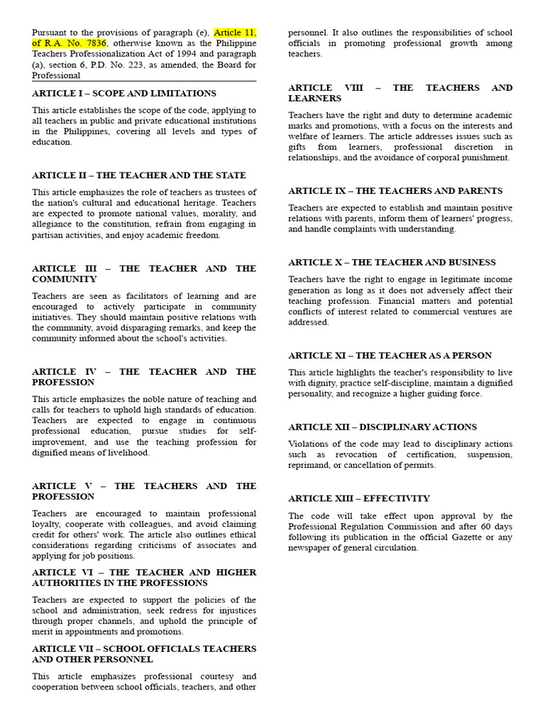 Code of Ethics Summary | PDF | Teachers | Learning