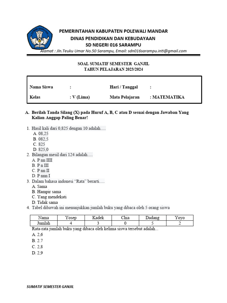 Sumatif MTK Kls 5 | PDF