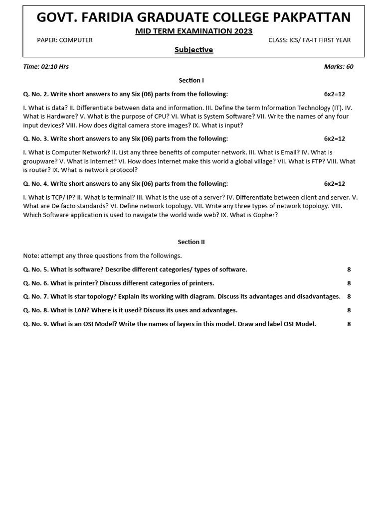 COMPUTER PAPER 1ST YEAR Subjective | PDF