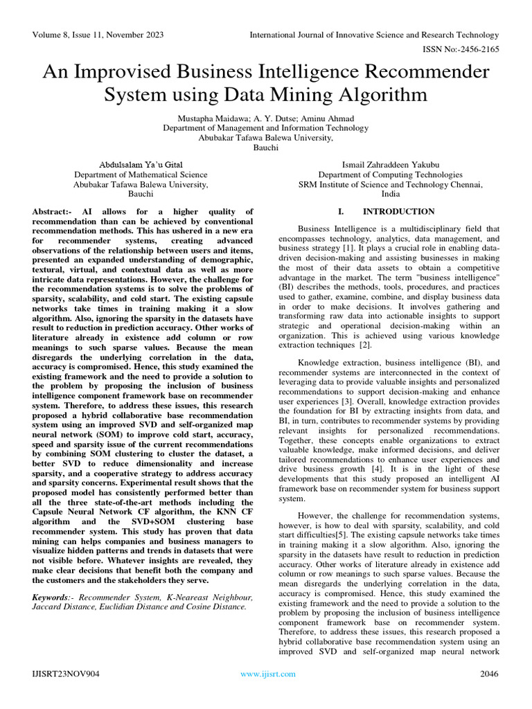 An Improvised Business Intelligence Recommender System Using Data Mining Algorithm Pdf
