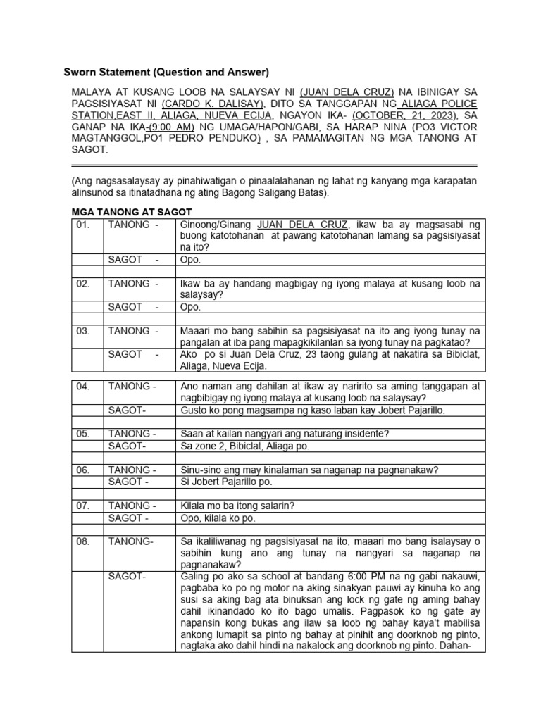 Sample Format of Sworn Statement Question and Answer | PDF