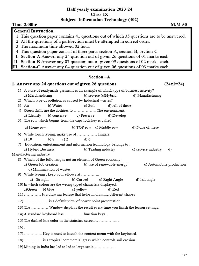 Half Yearly Exam 2023-24 Class-9 | PDF