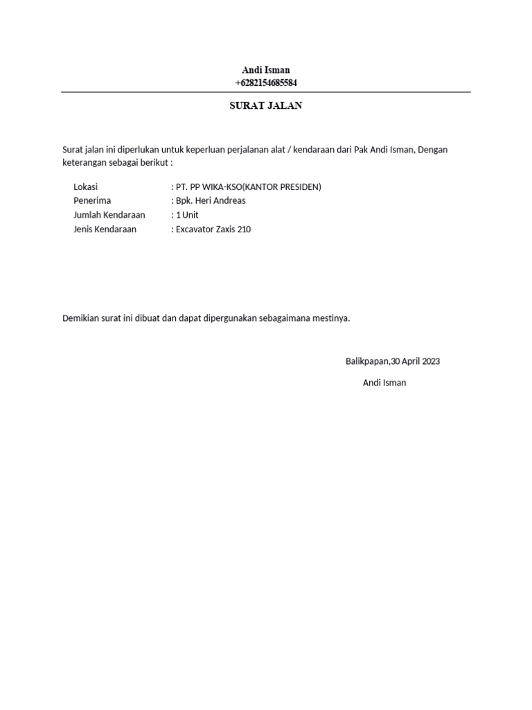 Surat Jalan Excavator Zaxis 210 | PDF