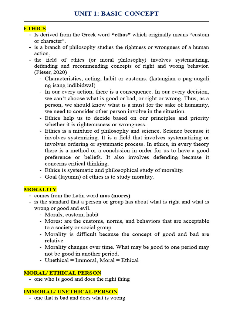 Unit 1: Basic Concept: Ethics | PDF | Morality