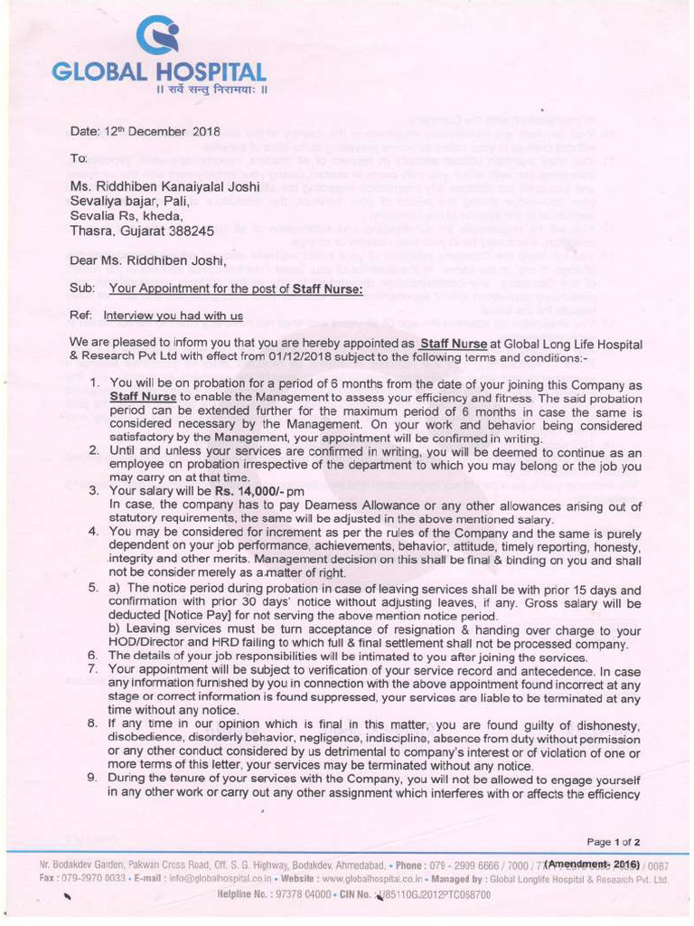 Nursing - Appointment Letter | PDF