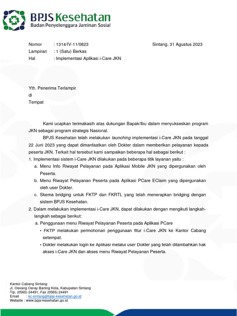 Surat Implementasi I-Care JKN | PDF