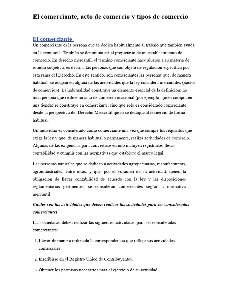 El Comerciante, Acto de Comercio y Tipos de Comercio | PDF | Comercio | Al por menor