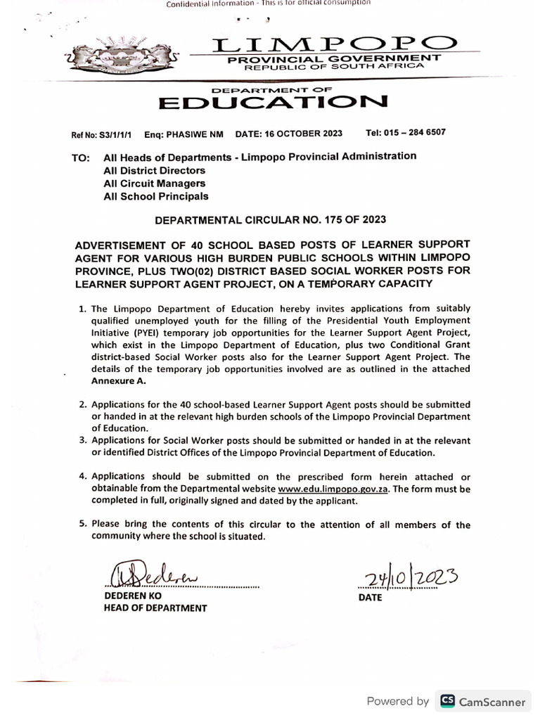 Departmental Circular No.175 of 2023 Advertisement Learner Support ...